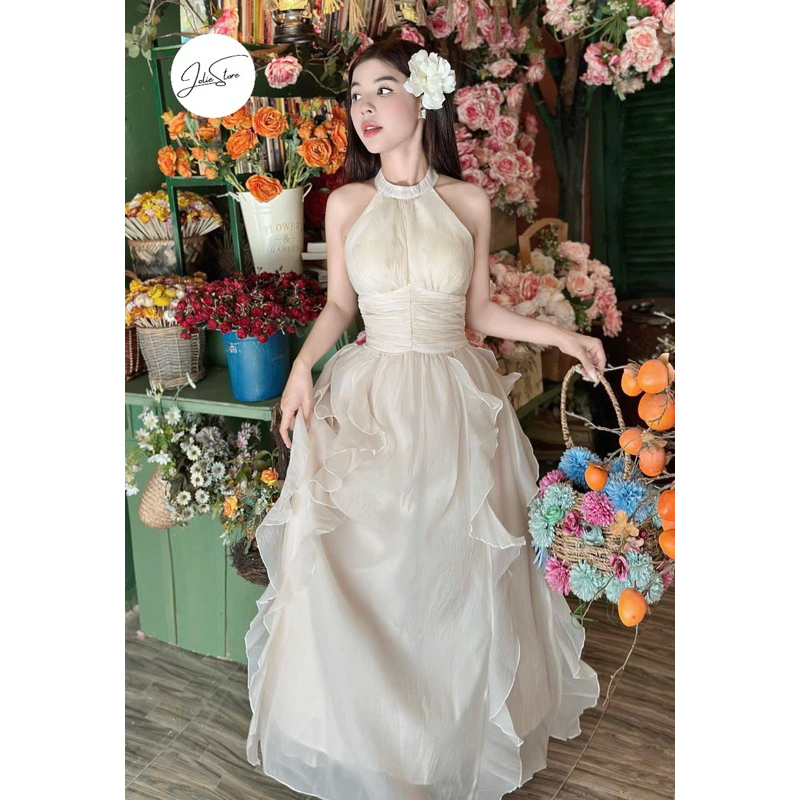 Maxi designed with halter neck and pleated waist with ruffles -Jolie ...