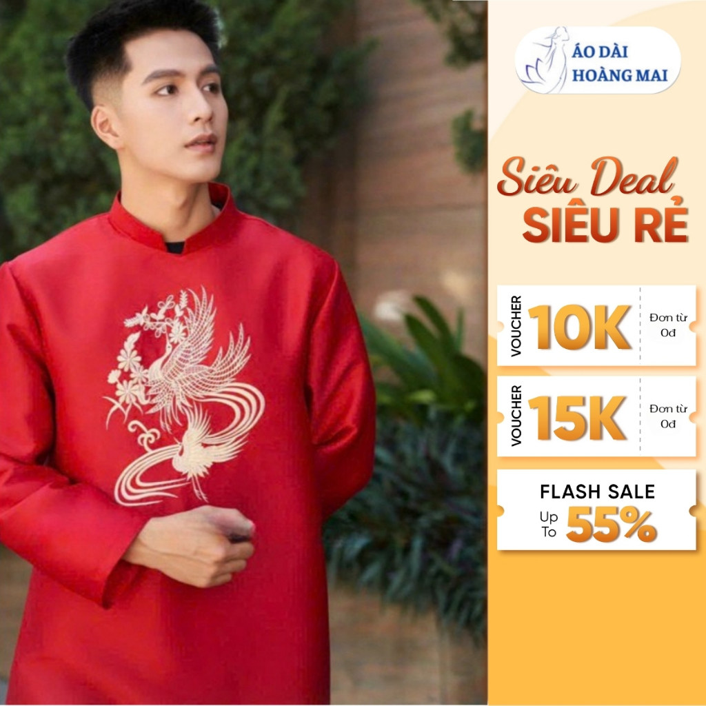 Modern men's ao dai embroidered with multi-colored Phoenix in high ...