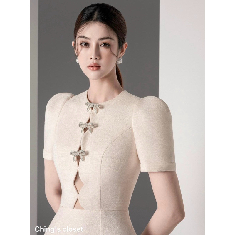 PASS Ching's Closet designed dress with bow buttons and stones, size M ...
