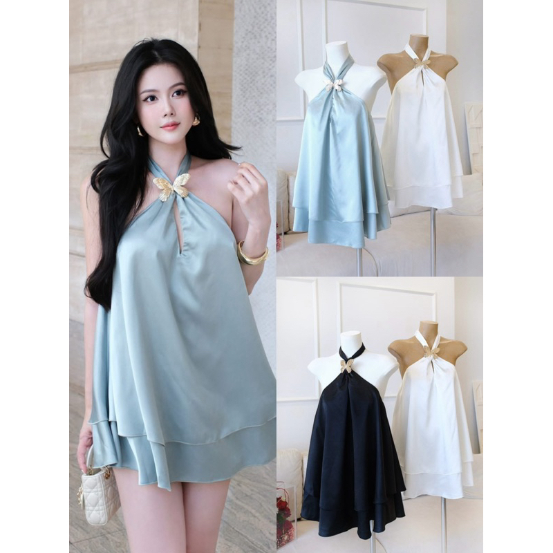 Super pretty silk dress with halter neck and chest charm | Shopee ...