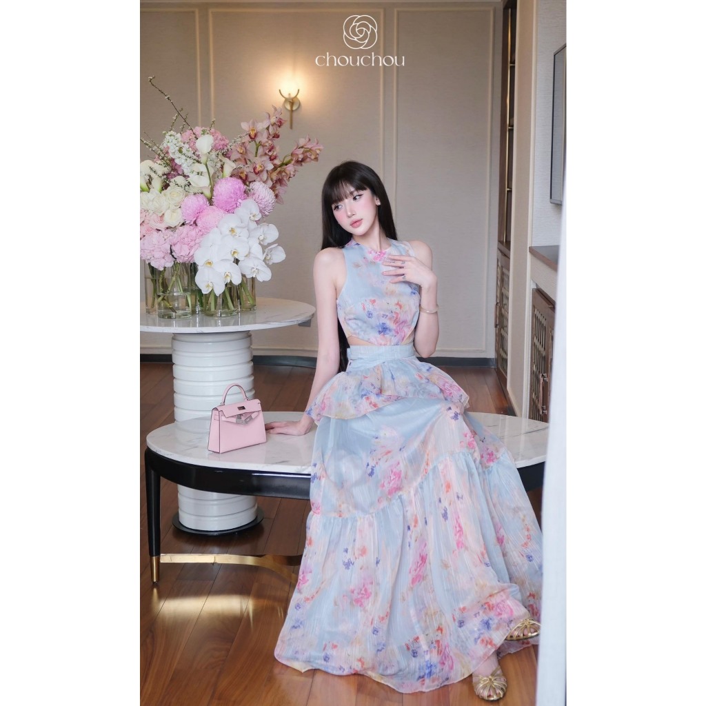 Women's green branch dress with cut-out waist, round neck, maxi beach ...