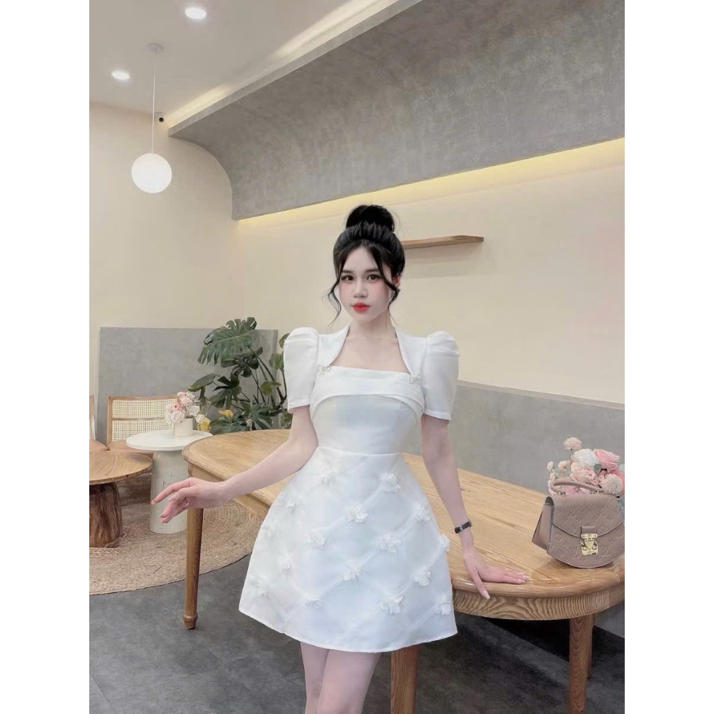 Women's tapta mini dress with short sleeves and square neck with flower ...