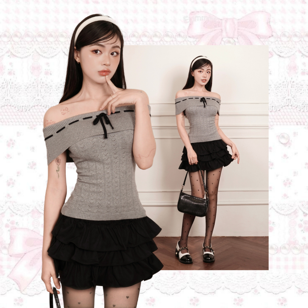 Minji Top ATV018 slim knitted off-the-shoulder Top with bow tie, embossed pattern - Uni By Heart ...