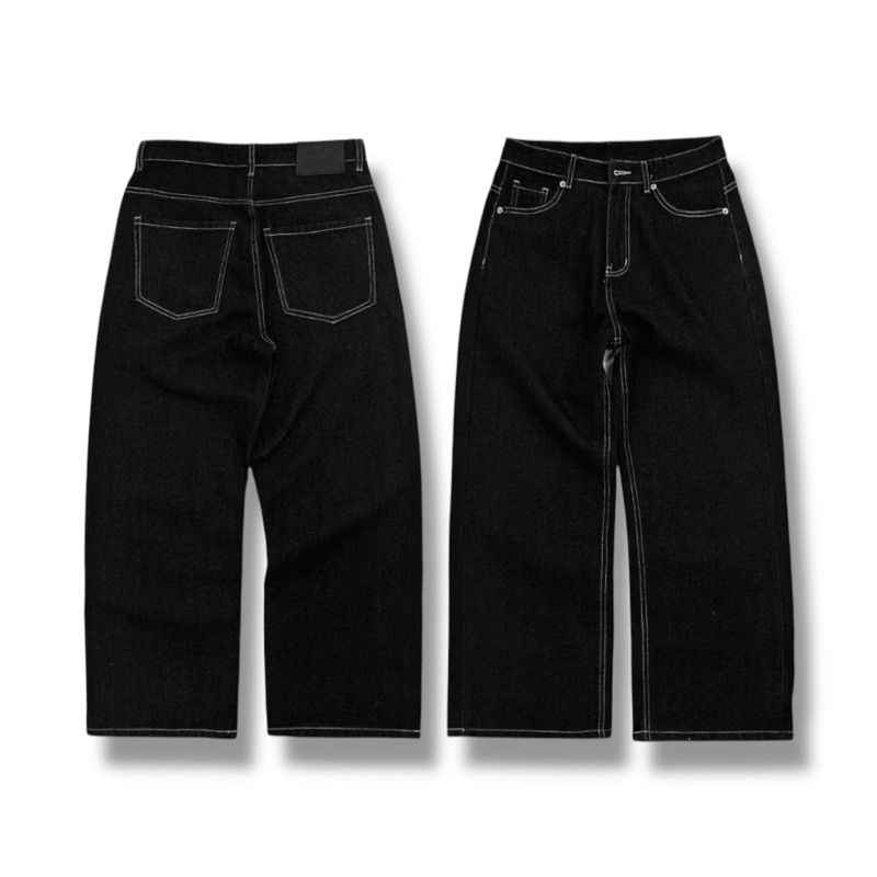 Black WHITE THREAD WIDE jeans - baggy jeans with BLACK WIDE leg and ...
