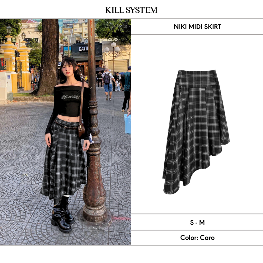 Niki long checkered skirt with diagonal flap - KILL SYSTEM | Shopee ...