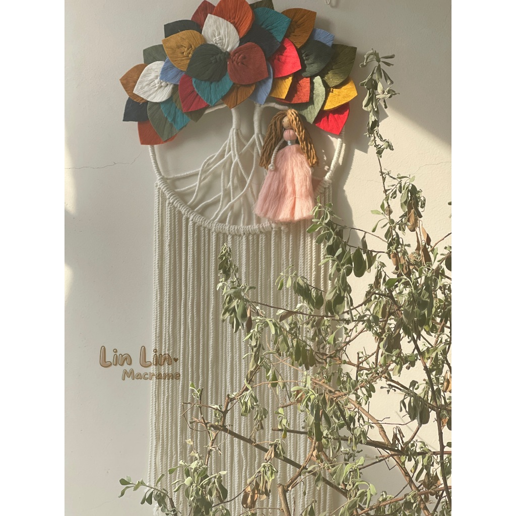 Macrame life tree doll sitting under a canopy (real photo + video ...
