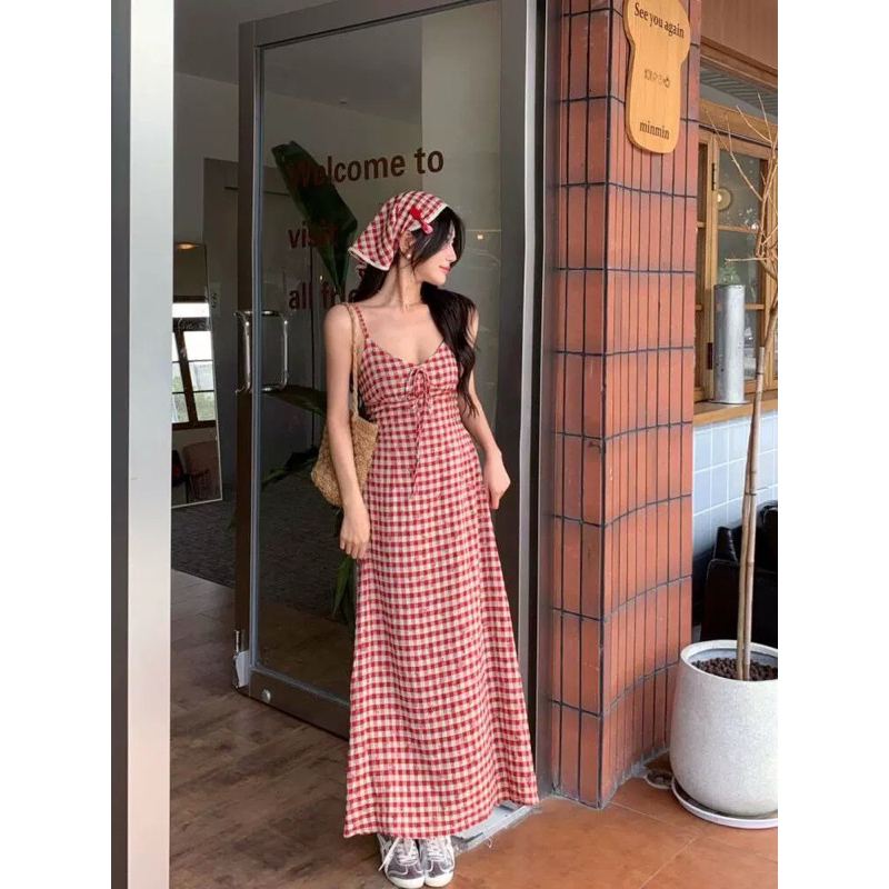 Long backless checkered dress with turban | Shopee Philippines