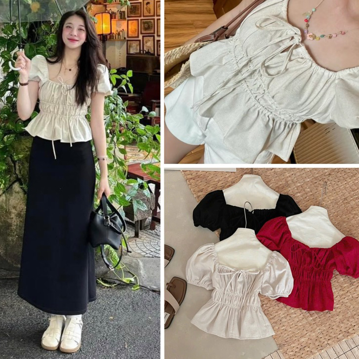 Pretty linen babydoll shirt with puffed sleeves, princess style, bow ...