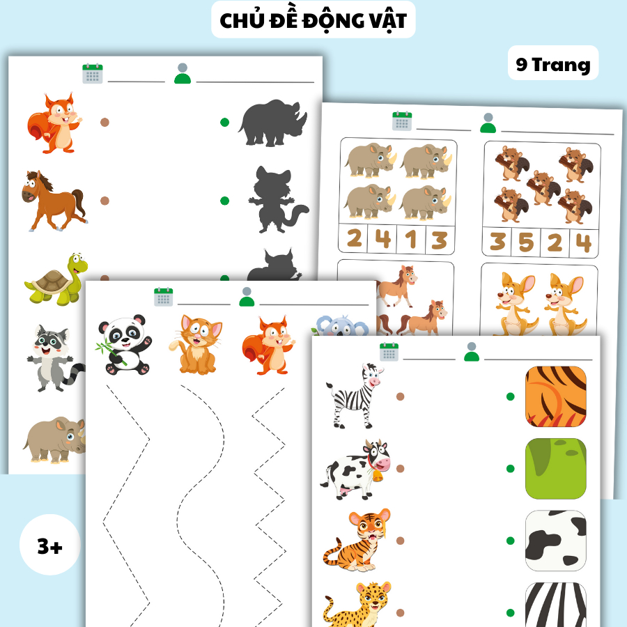 Set of 9 exercise sheets on ANIMAL THEME, Montessori educational ...