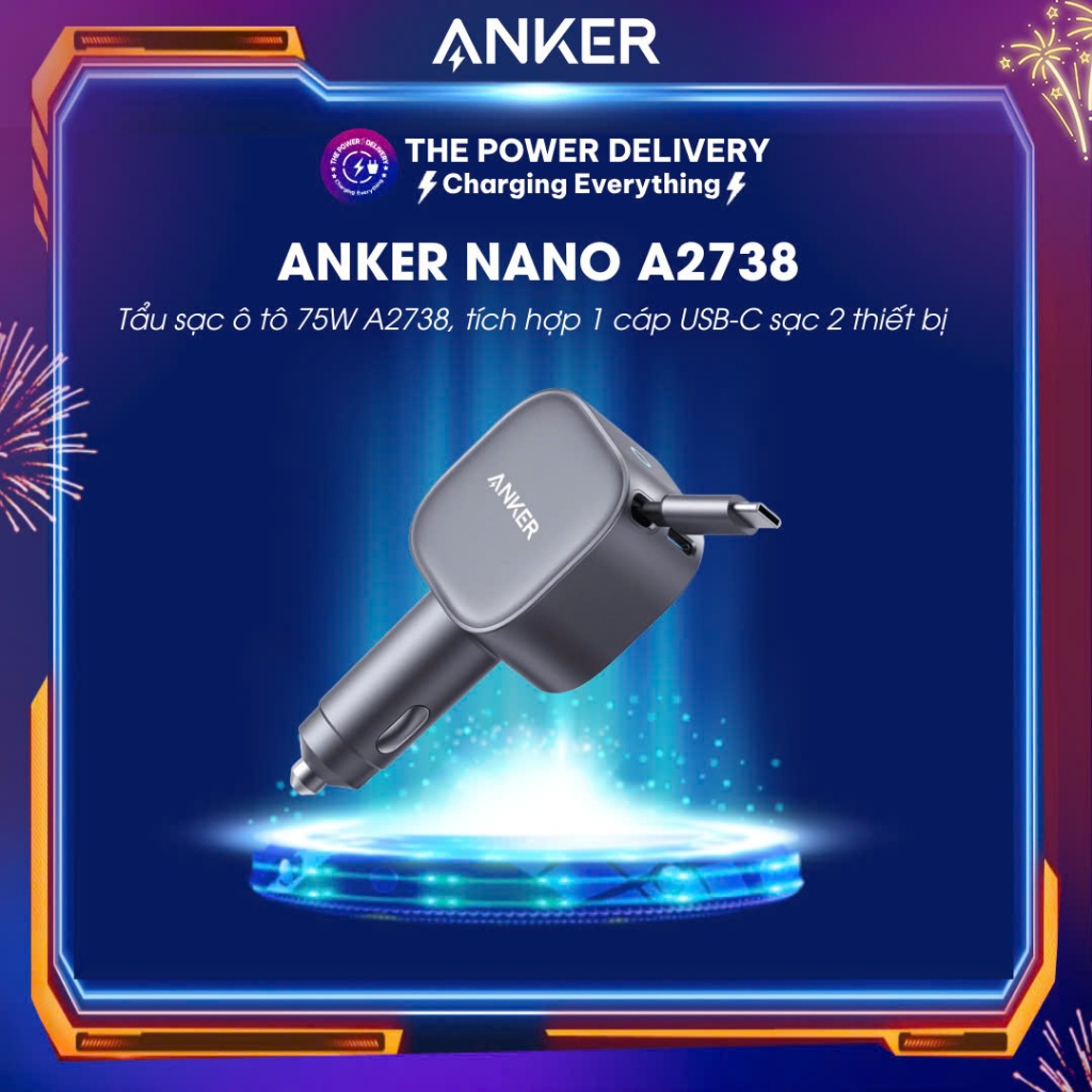 Anker Nano 75W A2738 car charger, integrated 1 USB-C cable (One 30W USB-C port) charges 2 ...