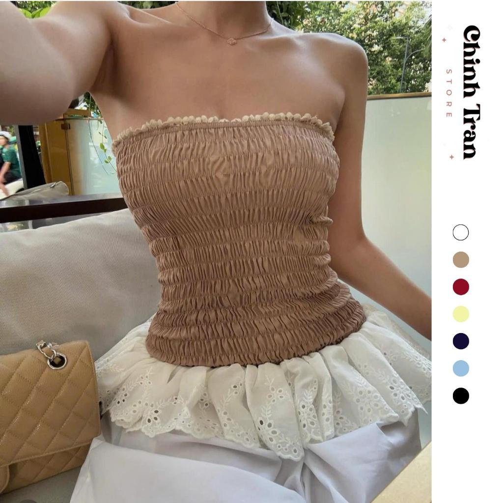 Women's Chunky Smocking Tube Top with Multi-Colored Lace Bodycon ...