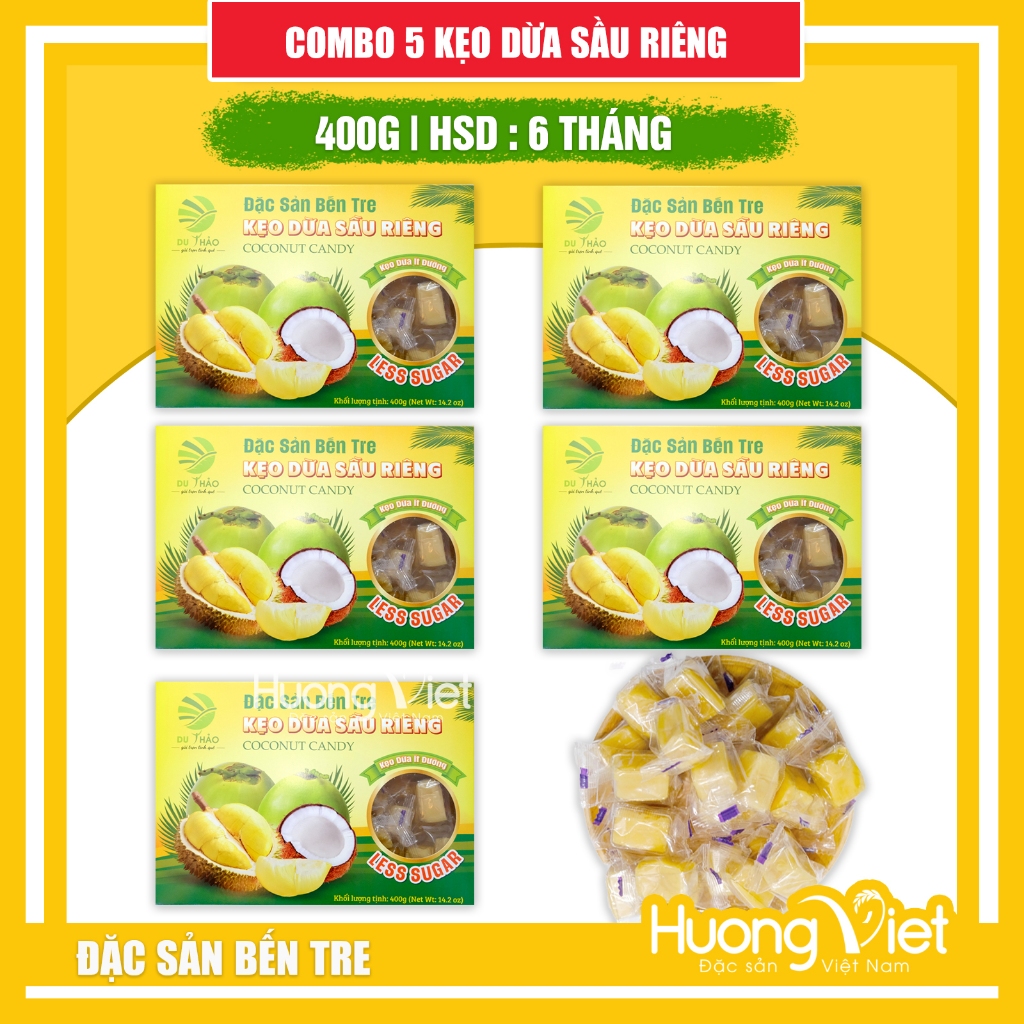 COMBO of 5 Du Thao low-sugar RICH coconut candy 400g, Ben Tre coconut ...