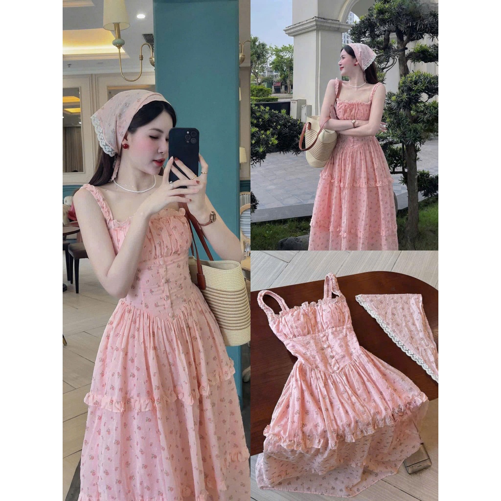 Women's pink and beige two-strap dress with long patterns for summer ...