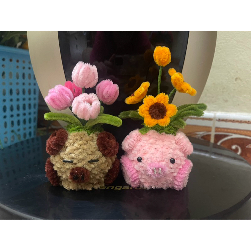 Handmade pig/velvet bear flower pot used as decore, gifts (can change ...