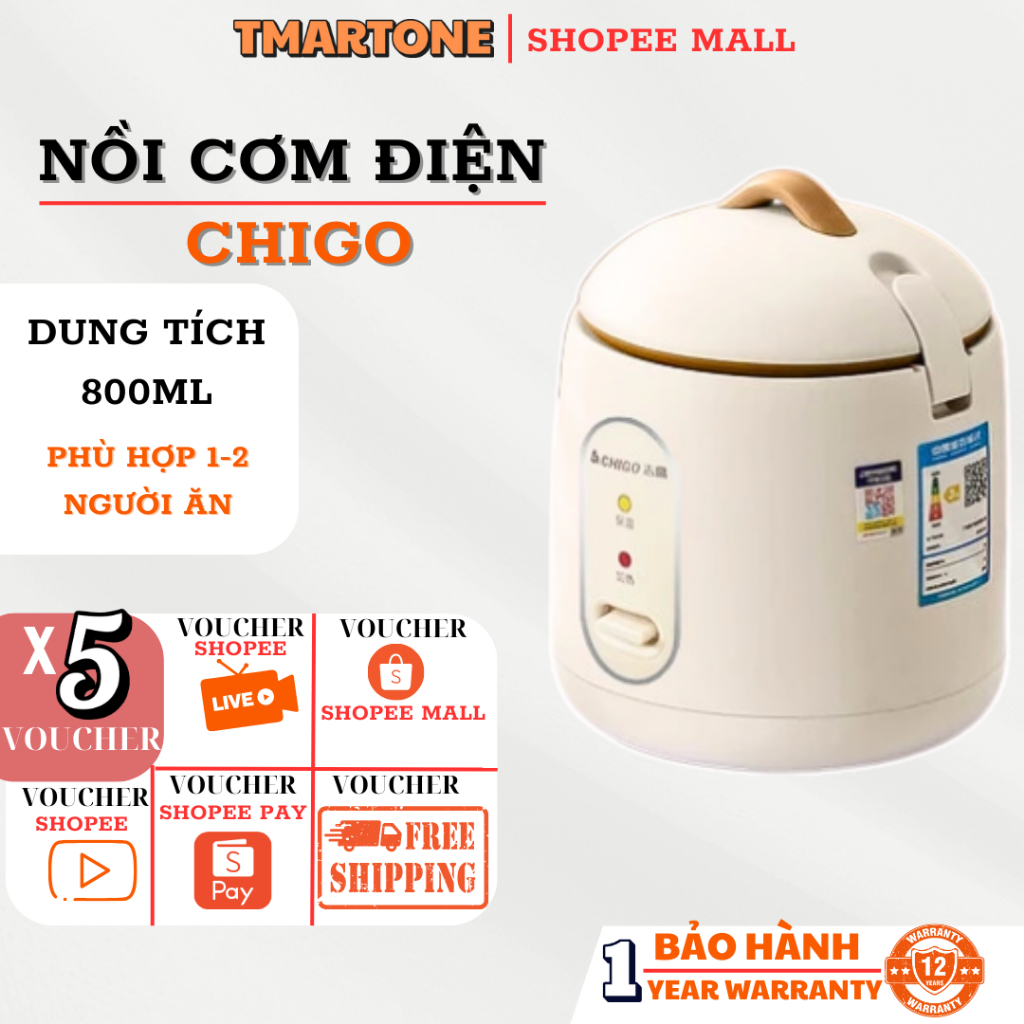 CHIGO non-stick mini rice cooker, multi-purpose soup and porridge cooker, 1.2L capacity ...