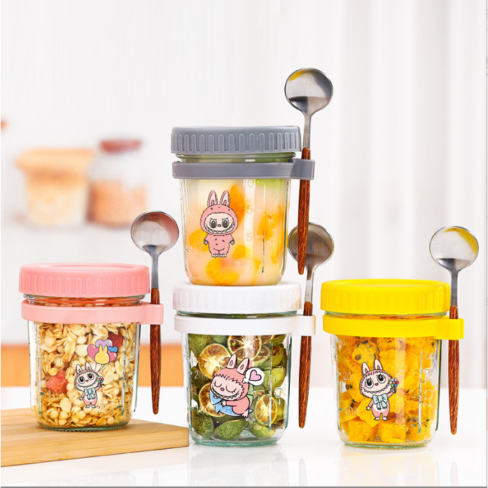 Labubu rabbit glass cereal box HNC34 with cute cartoon lid and spoon ...