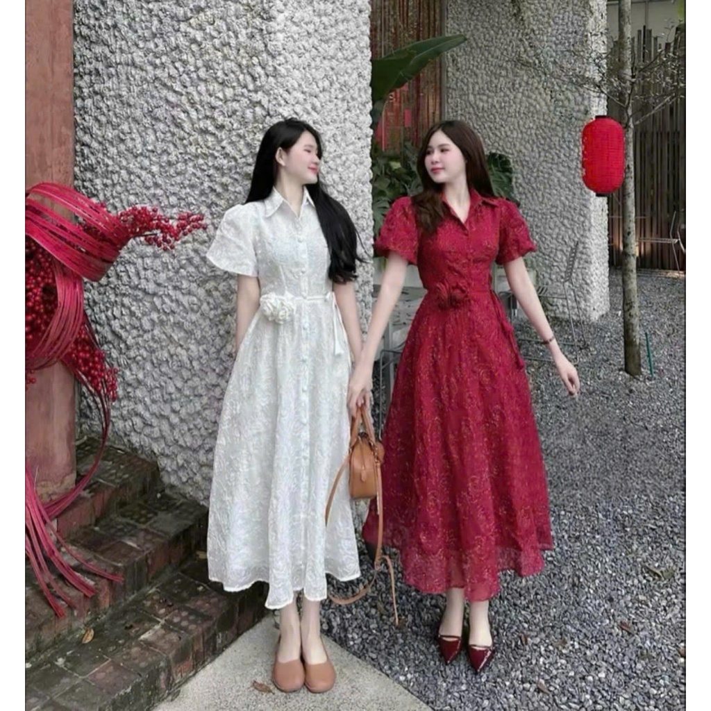 Women's dress designed with hand-embroidered bucket collar and buttoned ...