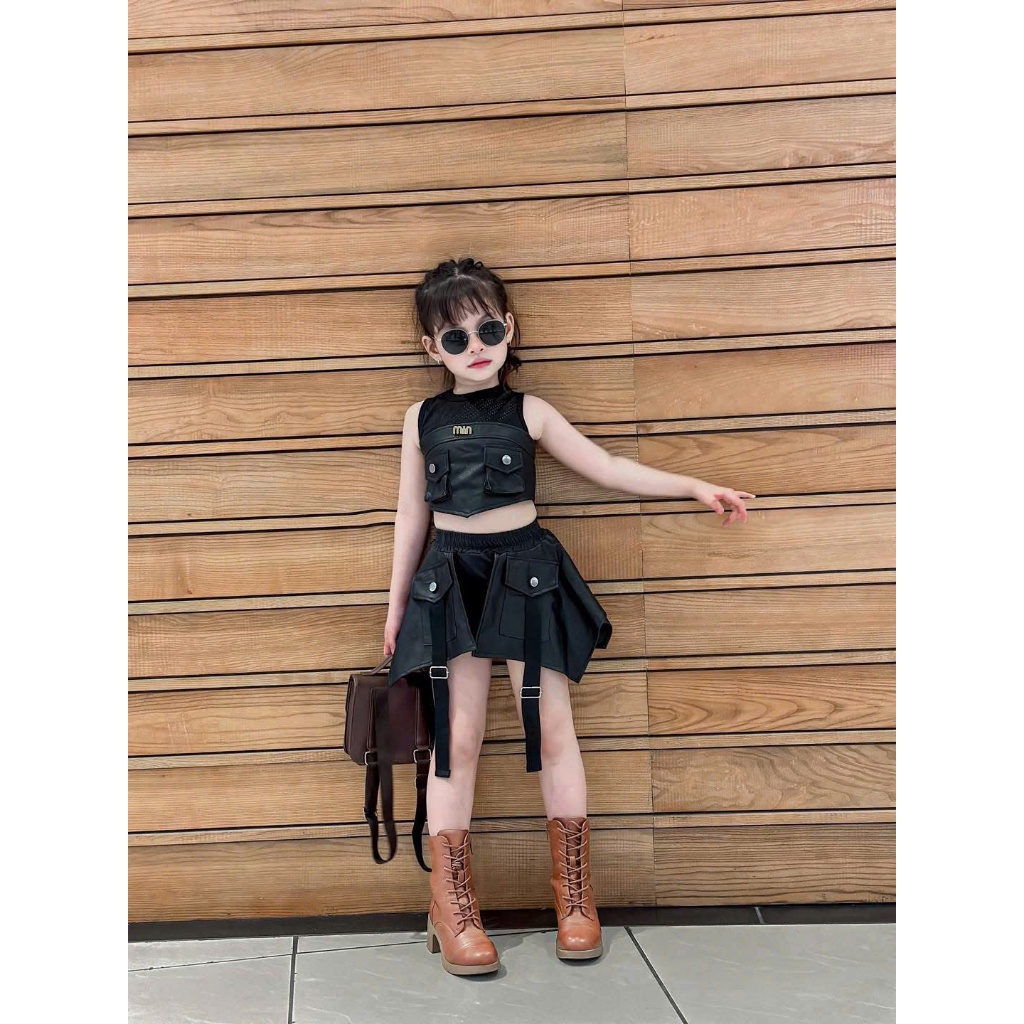 Fashionable Chic Girls' Leather Skirt and Crop Top Set - High Quality ...