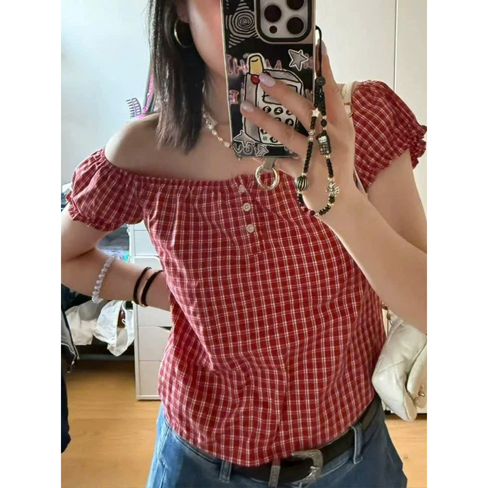 Brandy Melville Maggie Checked Top (White puff-sleeved shirt with ...