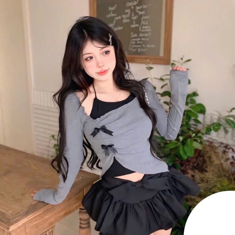 Women's off-the-shoulder long-sleeved halter neck top with diagonal bow ...