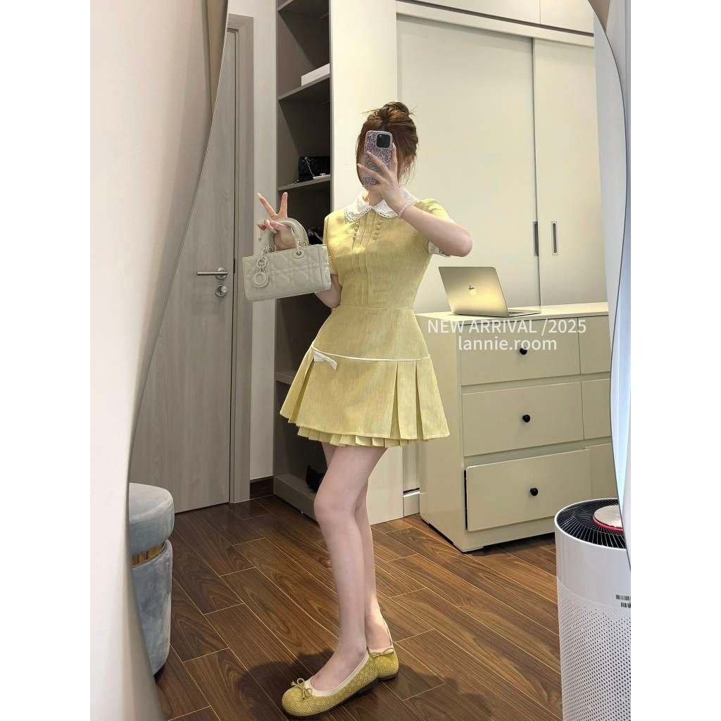 YUKSTORE-LEMON YELLOW CHRISTMAS DRESS short sleeve WAIST WHITE LOTUS NECK LONNIE ROOM SELF-MADE ...