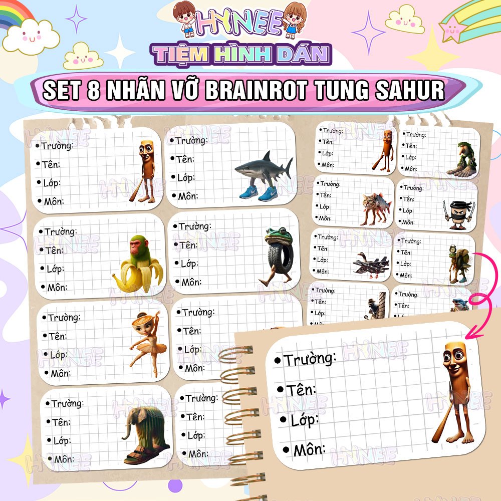 Set of 8 Brainrot Tung Tung Sahur Notebook Labels - Designed Sahur Meme ...