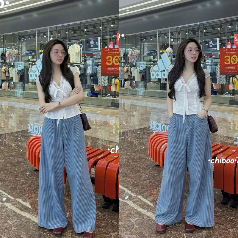 [S2.4076] White Lace V-Neck Shirt Set with Lace Trim and Bow Mixed with ...