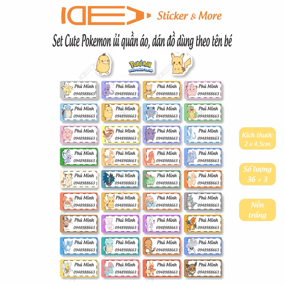 Set of 36 (+3) CUTE POKEMON stickers for ironing shirts, milk bottles ...