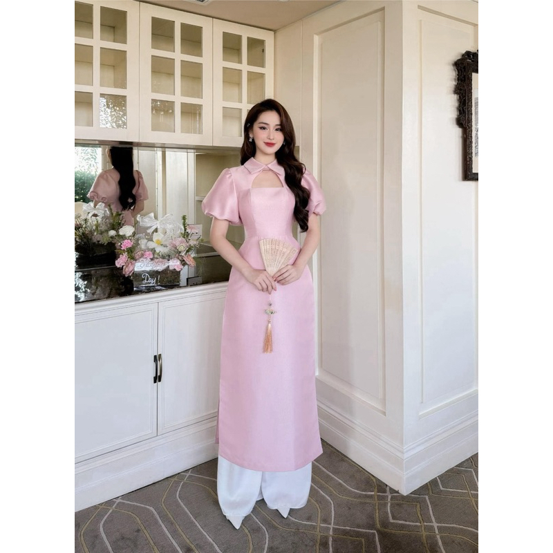 Modern pink puff-sleeved ao dai CNY 2025 | Shopee Philippines