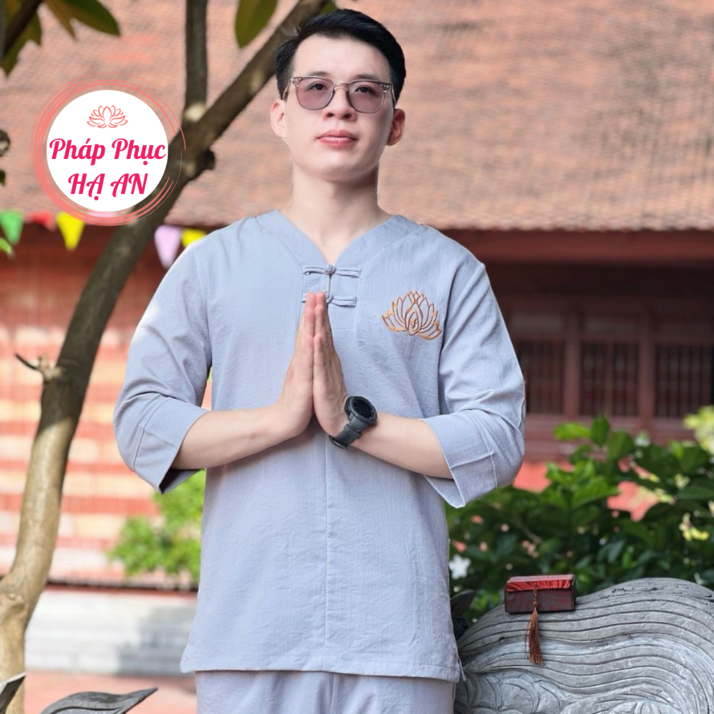 V-neck men's temple outfit with buttons CNY embroidered with lotus ...