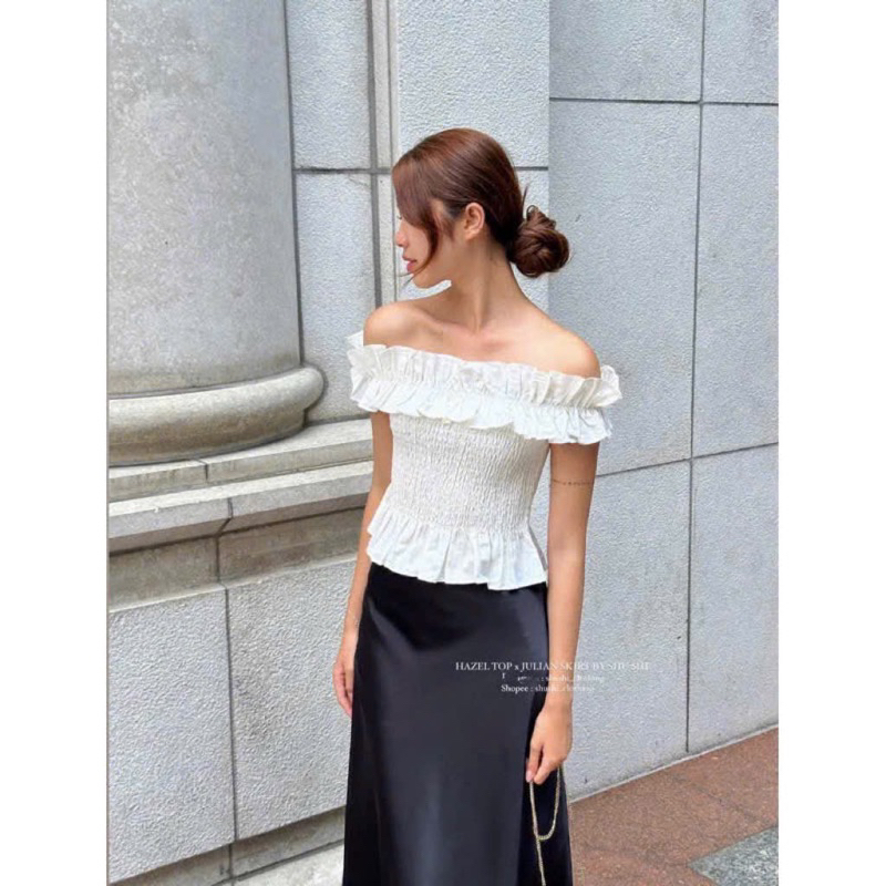 Hazel Top - Ruffled Off-Shoulder Linen Shirt (original photo) | Shopee Philippines