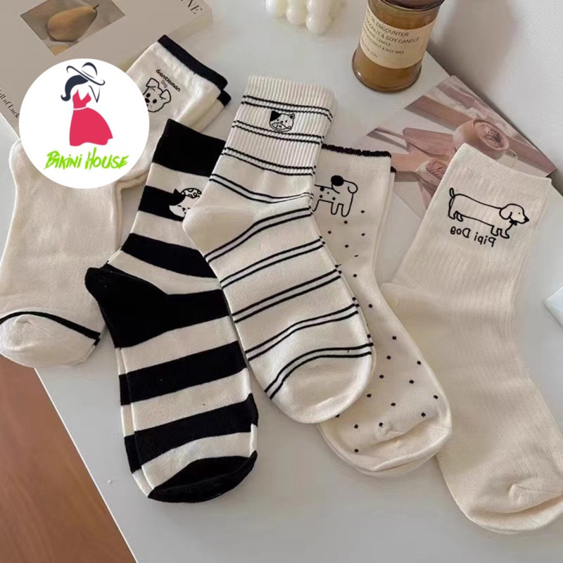 Set of 5 Pairs of High Collar Socks, Cotton Socks with Striped Dog ...