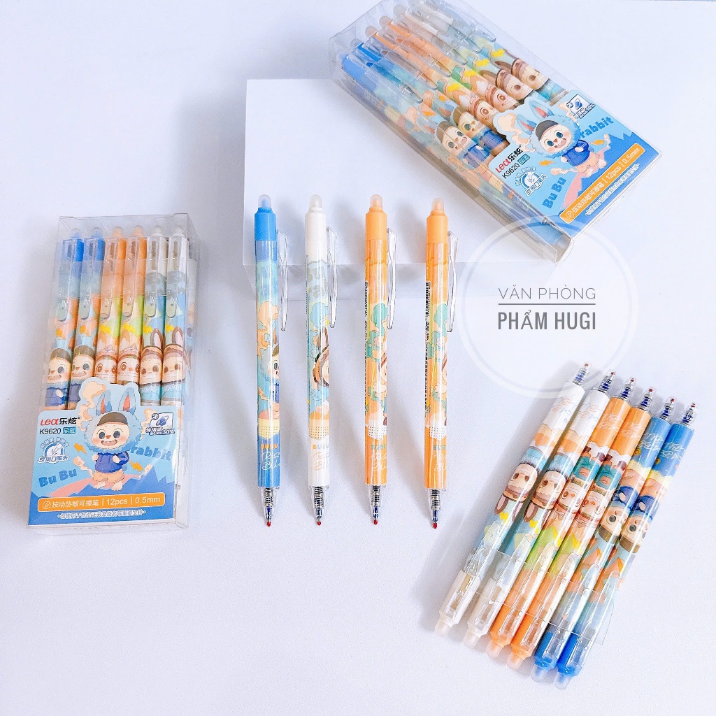 Box of 12 Erasable Gel Pens with Cute LABUBU pattern (blue/purple ink ...
