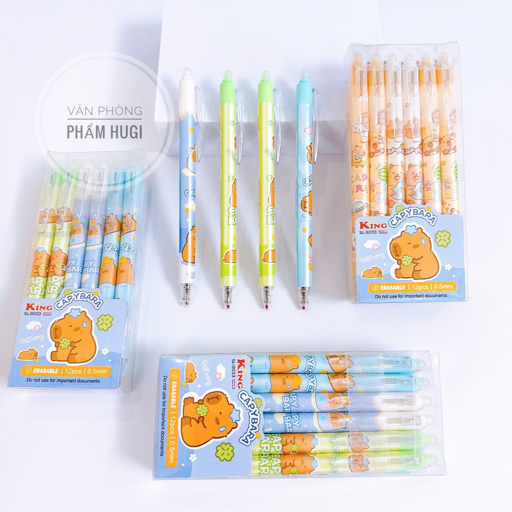 Box of 12 Erasable Gel Pens with Cute CAPYBARA pattern (blue/purple ink ...