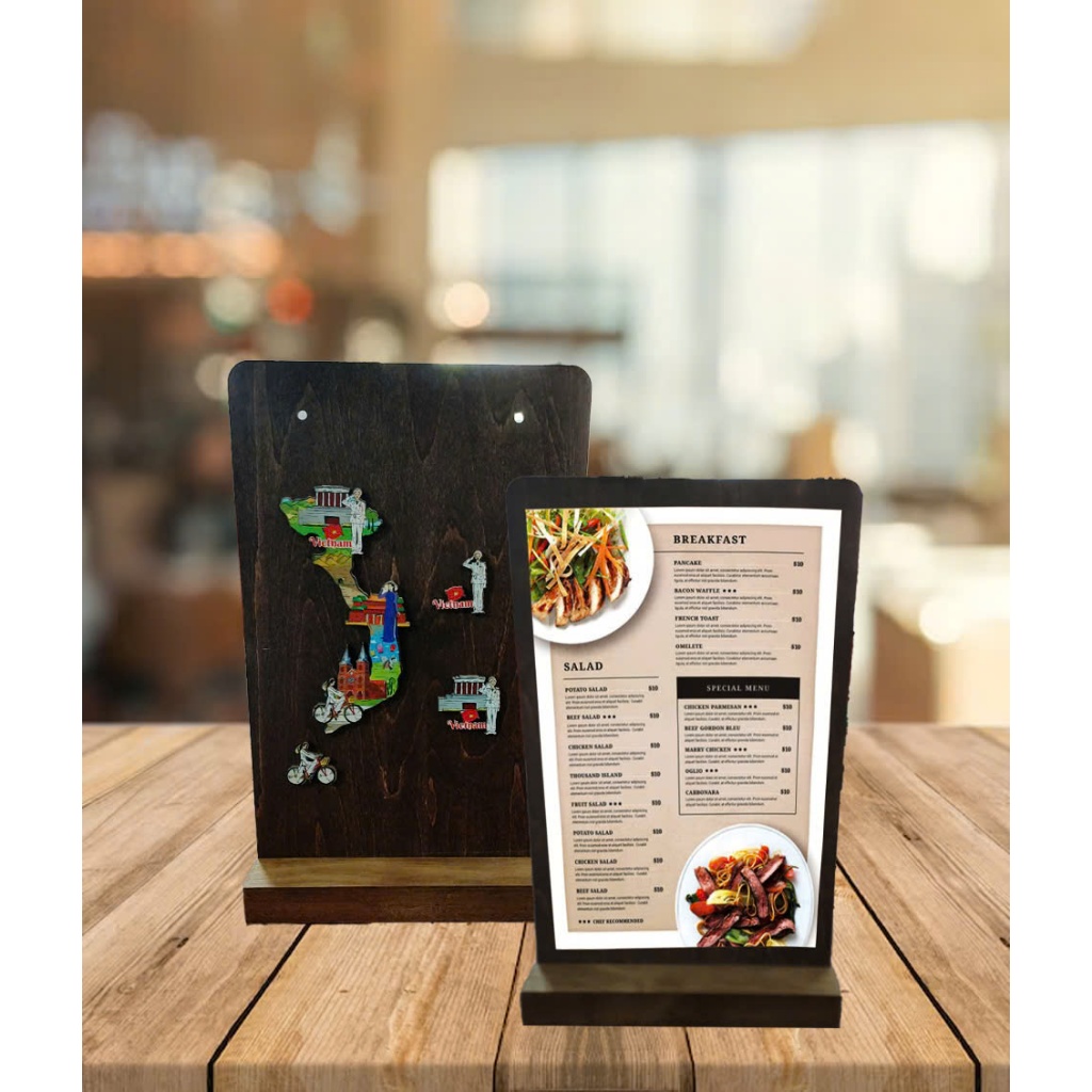 Standee Menu Mica A4, Tabletop Menu A5 with luxurious wooden base ...