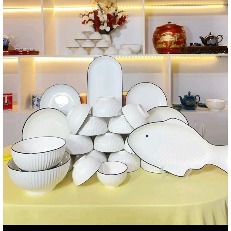 Beautiful dinnerware set with 21 pieces of white pattern and black ...