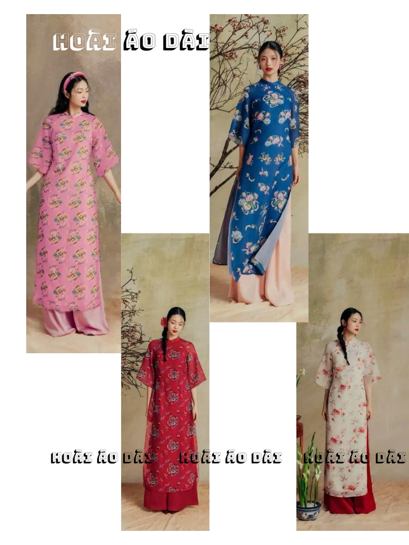 Modern ao dai with ancient straight shape and high quality printed silk VINH HOA in many colors ...
