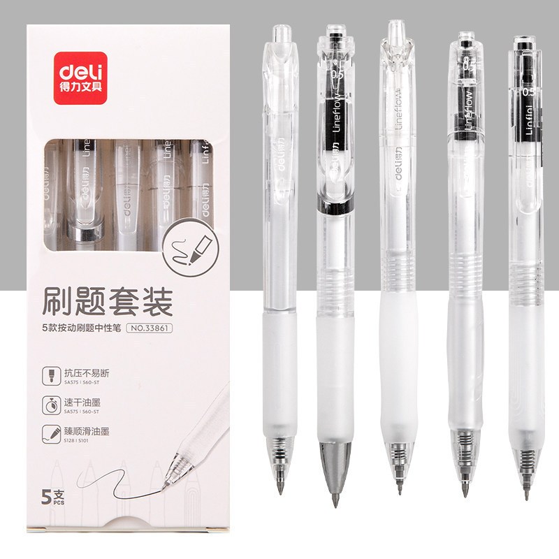 Box of 5 DELI Gel Ballpoint Pens 33861 black ink 0.5 nib writes ...