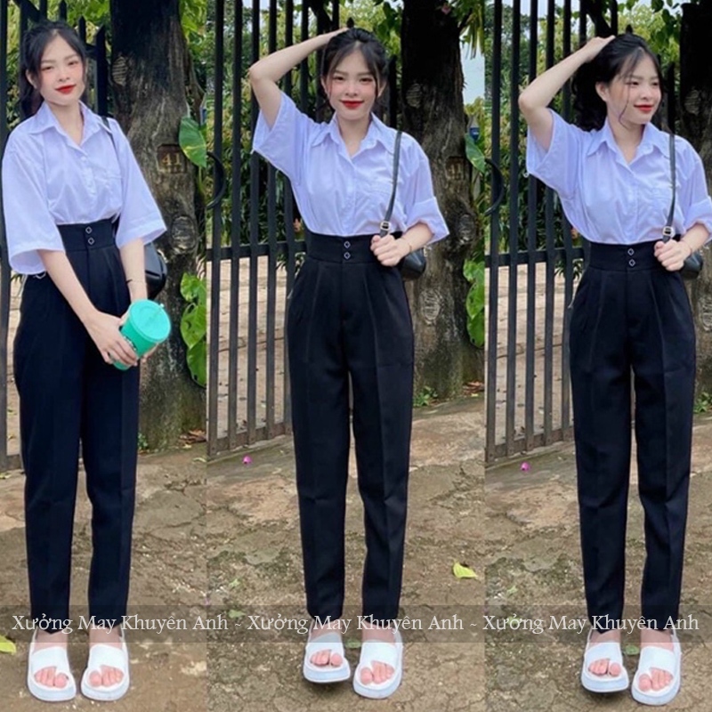 High-waisted 2-button school trousers with leech in Black and Blue ...