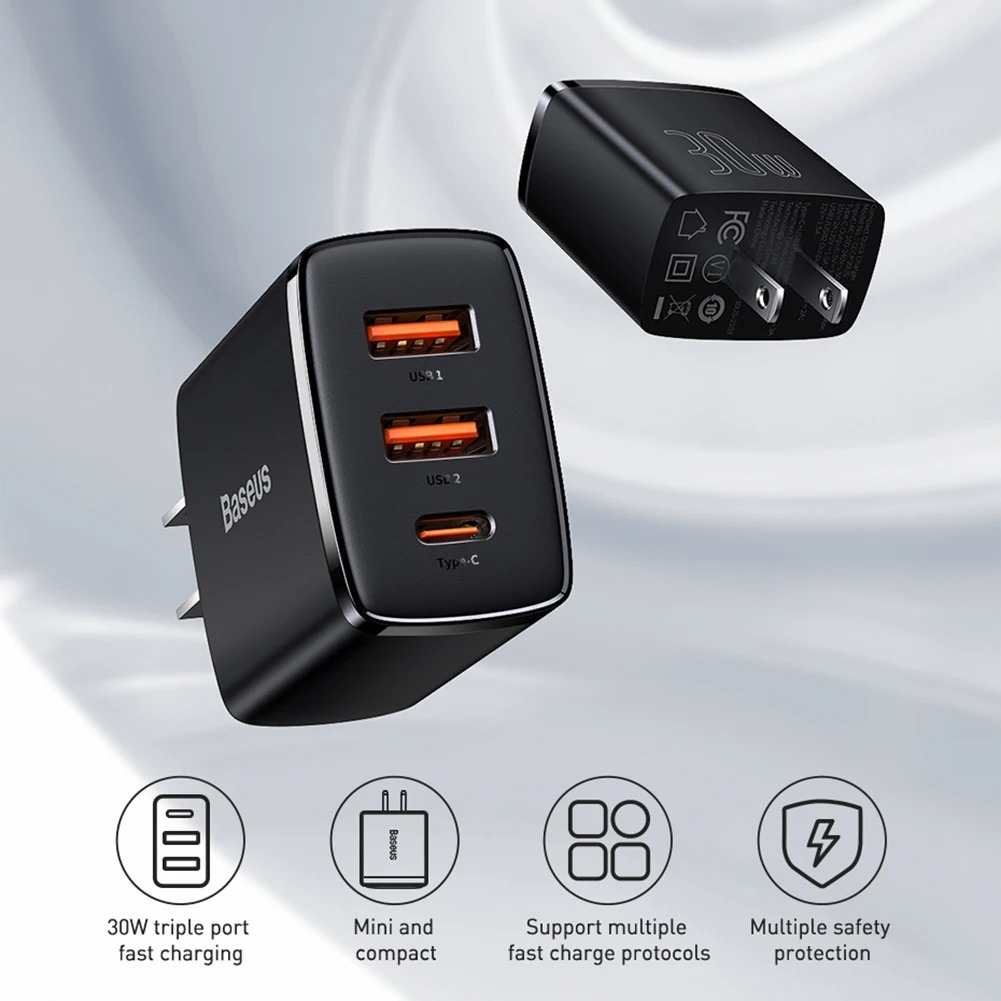 Ultra Compact 30w Baseus Compact Quick Charger (USB dual port +Type C ...