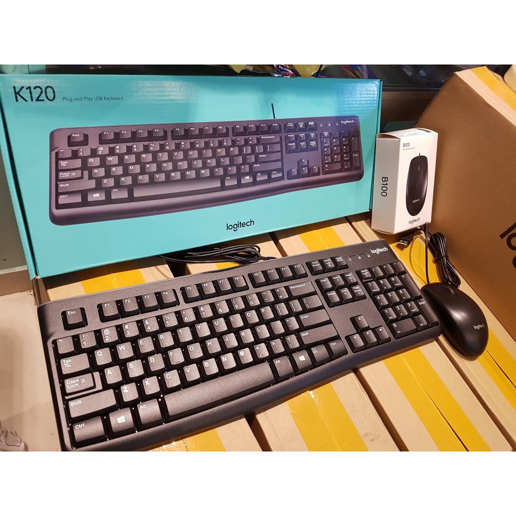 Logitech K120 B100 Office Usb Wired Keyboard Mouse Set Combo New Durable Spill Proof Full