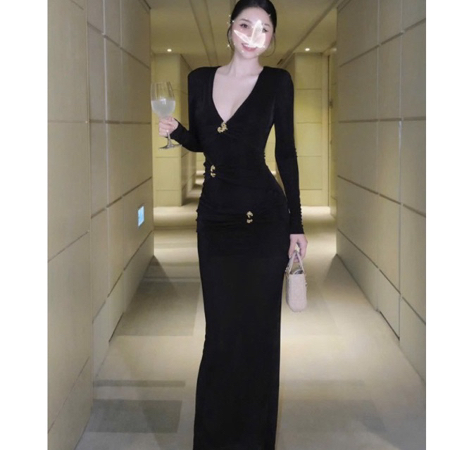 Long V-neck bodycon dress with rhinestones and sexy figure-hugging ...