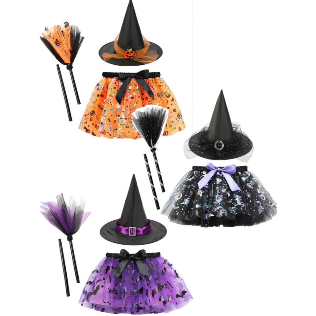Halloween witch costume set with 2-layer chiffon dress, hat and broom ...