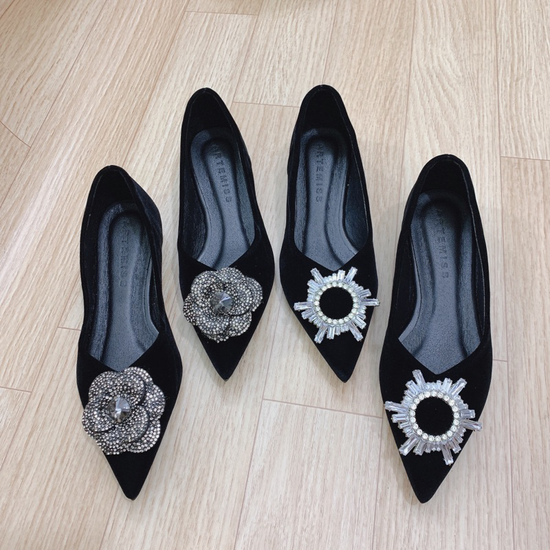 Women's pointed-toe doll shoes with flower bows and stones on bright ...