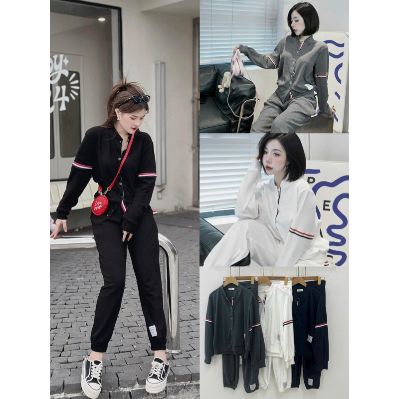 Women's Outfit Set with Colored Striped Rope Hem and Button-Up TB with ...