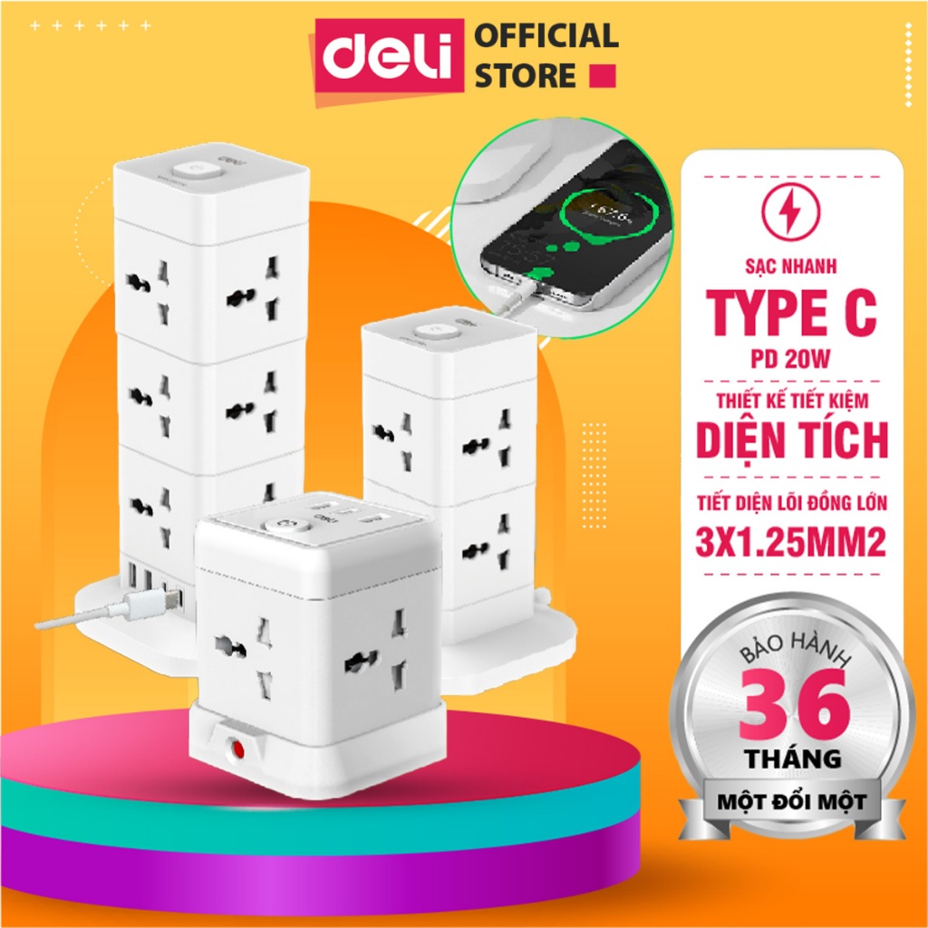 Deli Tower Square Power Socket USBTypeC Fast Charging 20W Auto-Stop ...