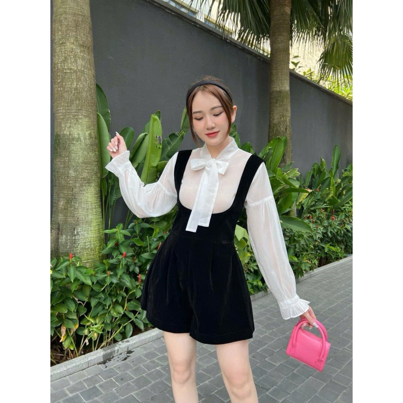 Black VELVET JUMPSUIT SHORT SET + WHITE SHIRT WITH BOW TIE WITH Puffed ...