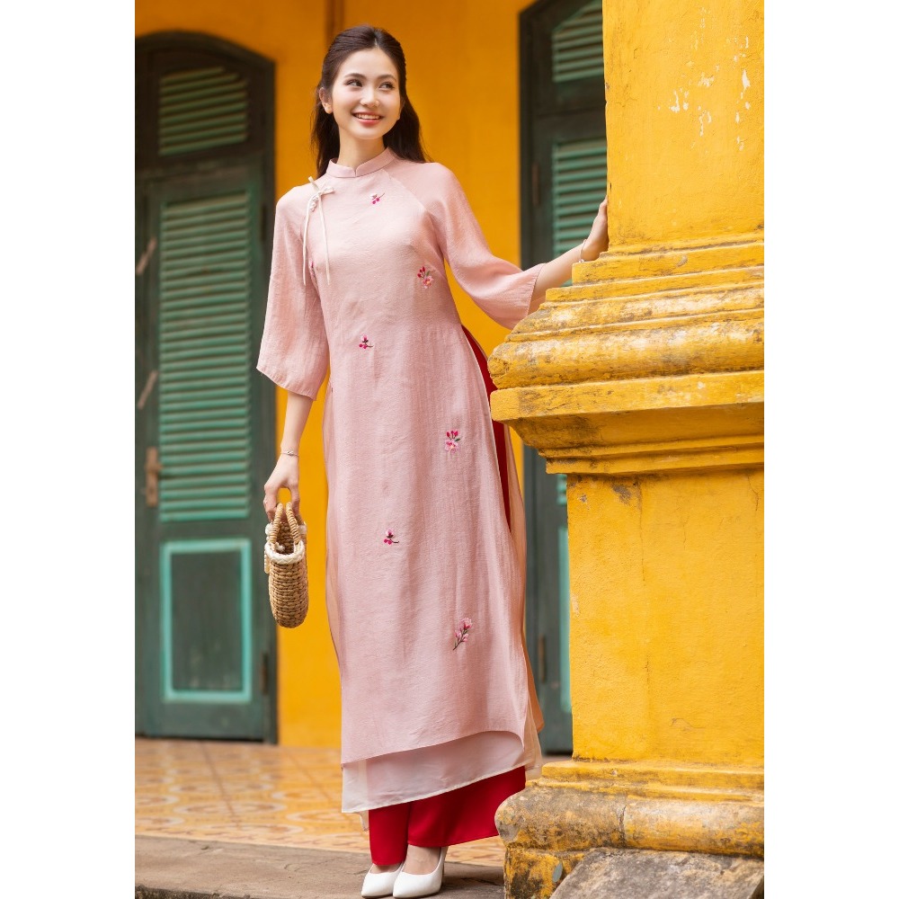 AZALY 4-panel reformed ao dai - AT245, pink, two-inch collar, loose fit ...