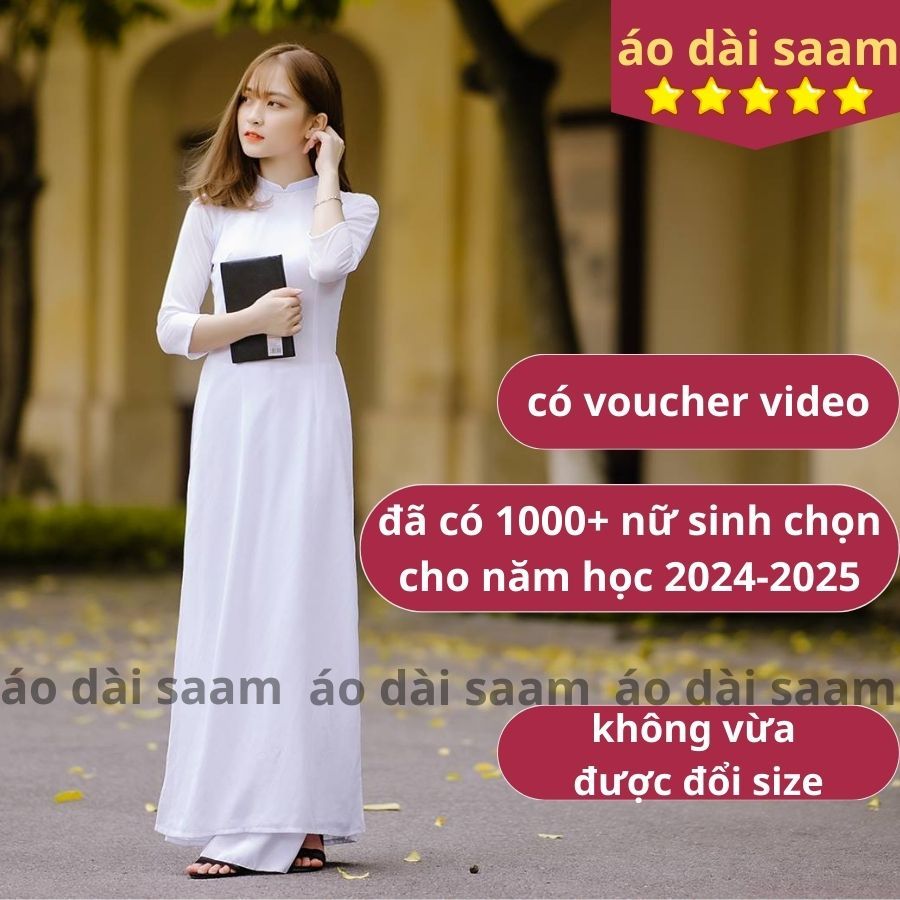 Saam white female student ao dai with 2 sleeves and V-neck, American ...