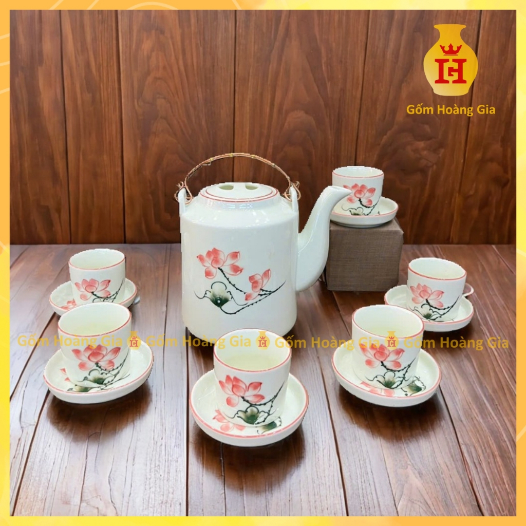 Genuine Bat Trang ceramic lotus flower painted tea set, cheap teapot ...